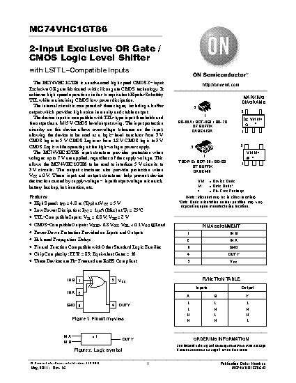 MC74VHC1GT86DFT1 Datasheet IC SINGLE XOR GATE 2I P SOT 353 5 Logic Function