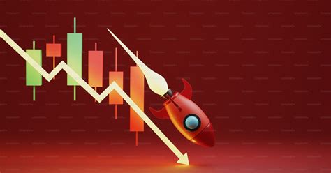 로켓이 빨간색 배경으로 떨어지는 것을 가리키는 빛나는 화살표 그래프 가치 변동성 감소 주식과 암호화폐 시장의 하락세 3d