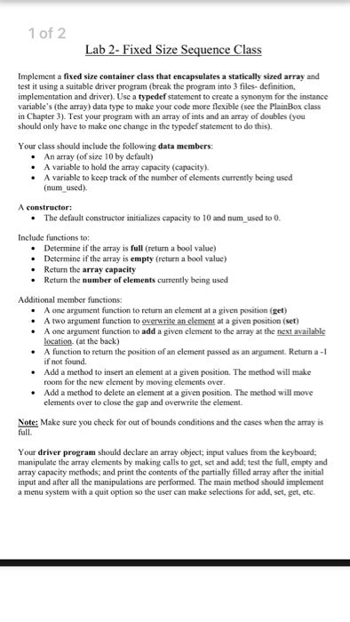 Solved 1 Of 2 La B 2 Fixed Size Sequence Class Implement A
