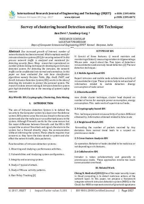 pdf survey of clustering based detection using ids technique