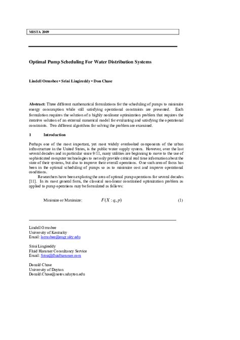 Pdf Optimal Pump Scheduling For Water Distribution Systems