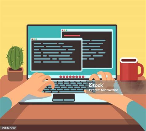 프로그램 코드 화면에 Pc 노트북에서 일 하는 사람이 프로그래머 코딩 및 프로그래밍 벡터 개념 경관에 대한 스톡 벡터 아트 및