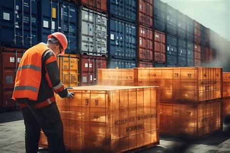 Premium Photo Workers Labeling Export Crates With Destination Details Realistic Photo