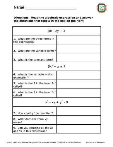 Identify Parts Of An Expression Worksheet 6 Ee 2 Teaching Resources