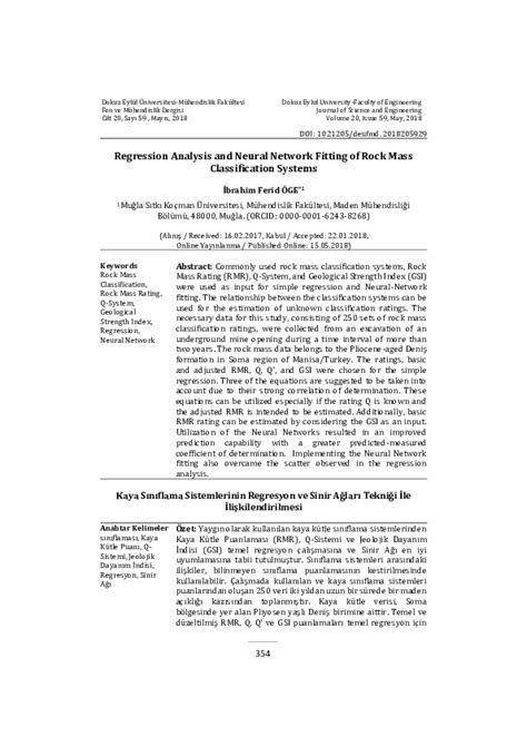 Pdf Regression Analysis And Neural Network Fitting Of Rock Mass Classification Systems