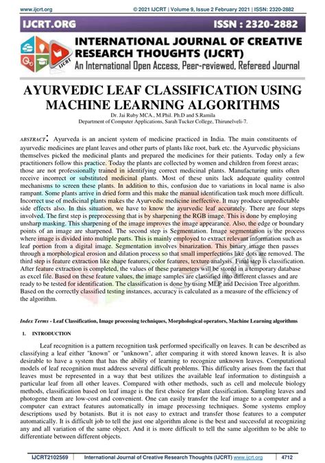 Pdf Ayurvedic Leaf Classification Using Machine Learning Algorithms