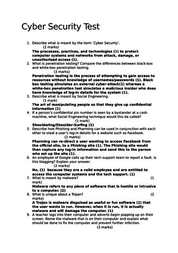 Cyber Security Test For Aqa 8520 Gcse Computer Science Teaching Resources