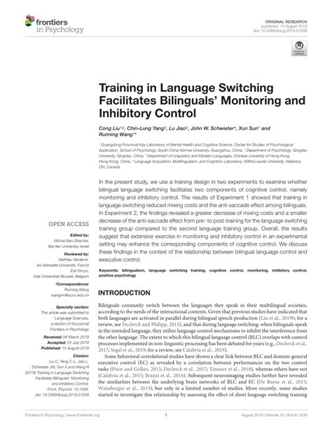 Pdf Training In Language Switching Facilitates Bilinguals Monitoring And Inhibitory Control