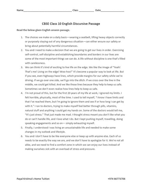 Class X Discursive Passage 1 Pdf