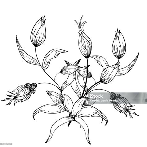 꽃 구성 부드러운 꽃과 꽃 봉오리의 가지와 꽃 배경 손 그림 양식화 된 장식 초대장 카드 포스터 전단지 직물 및 종이에 인쇄