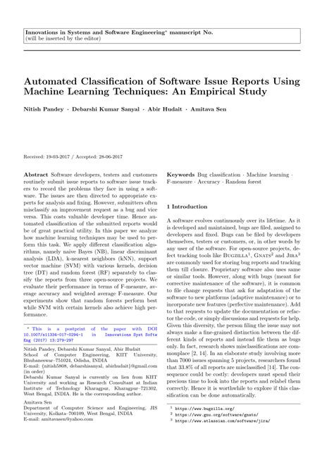 Pdf Automated Classification Of Software Issue Reports Using Machine Learning Techniques An