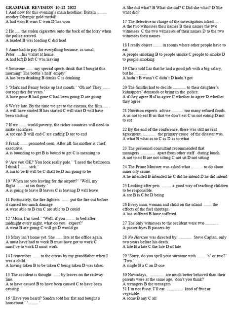 Grammar Revision 10 12 Empty Table And Test 2022 Pdf