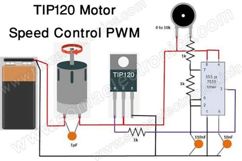 tip120 mosfet transistor motor speed control using pwm signal ne555 or 7555 timer ic