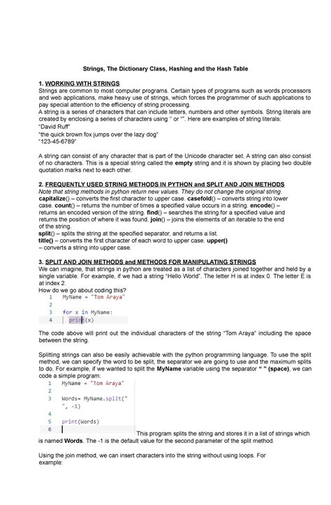 Strings The Dictionary Class Hashing And The Hash Table Working