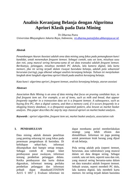 Pdf Analisis Keranjang Belanja Dengan Algoritma Apriori Klasik Pada Data Mining