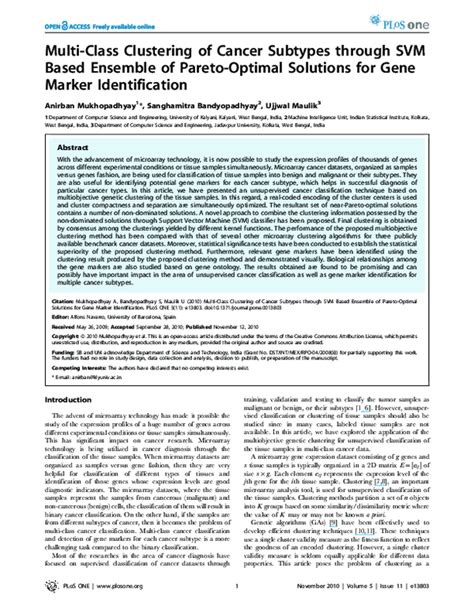 Pdf Multi Class Clustering Of Cancer Subtypes Through Svm Based Ensemble Of Pareto Optimal