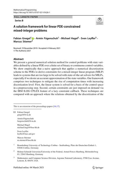 Pdf A Solution Framework For Linear Pde Constrained Mixed Integer