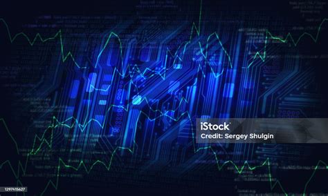 진한 파란색의 데이터 분석 회로 기판 및 이진 코드가있는 파란색 배경의 녹색 그래프 데이터 분석을위한 소프트웨어 0명에 대한 스톡 벡터 아트 및 기타 이미지 Istock