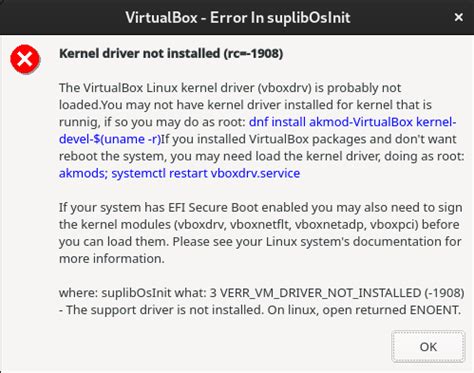 Fedora VirtualBox Error Vboxdrv Kernel Module Is Not Loaded And Kernel Driver Not