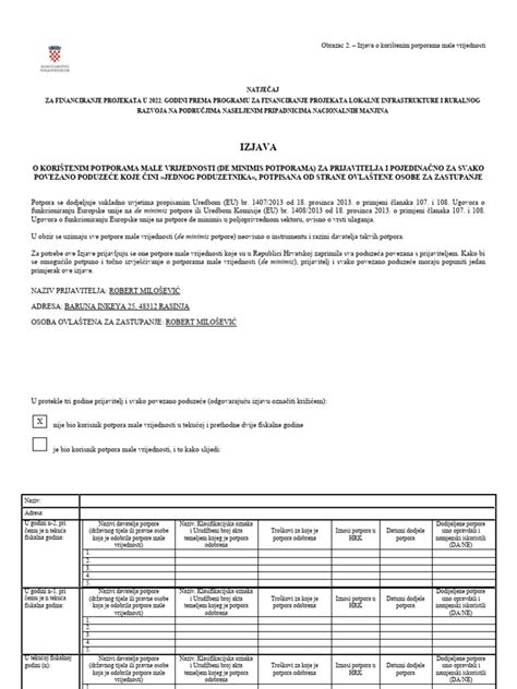 Obrazac 2 Izjava O Korištenim Potporama Male Vrijednosti Pdf
