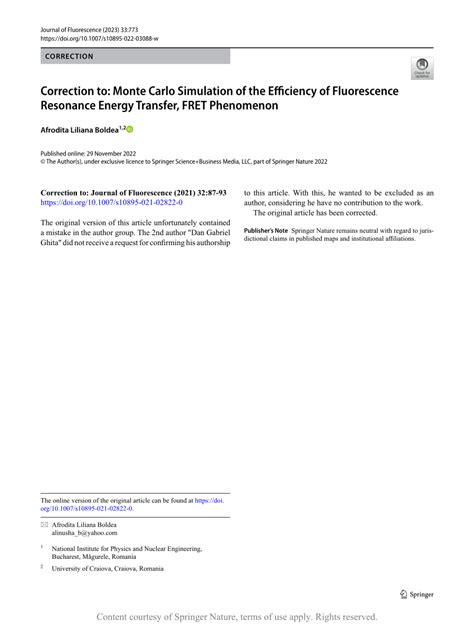 Correction To Monte Carlo Simulation Of The Efficiency Of Fluorescence Resonance Energy