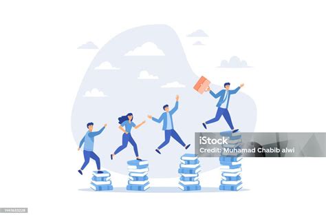 비즈니스 성공에 도움이 되는 지식 또는 교육 직원이 목표 훈련 또는 교육 과정 개념을 달성하는 데 도움이 되는 지혜 또는 학습 평면 벡터 현대 그림 승리 동작 활동에 대한