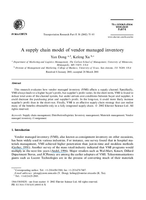 Pdf A Supply Chain Model Of Vendor Managed Inventory