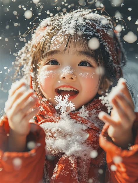 中国小女孩在雪中快乐地玩耍