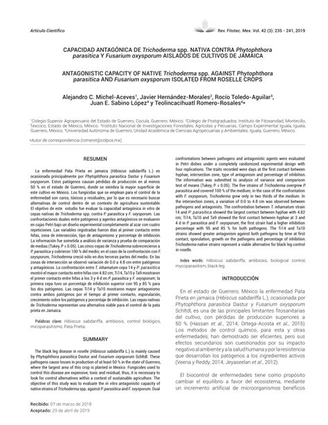 Pdf Antagonic Capacity Of Native Trichoderma Spp Against Phytophthora Parasitica And Fusarium