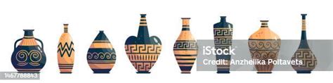 그리스 꽃병 고대 항아리 세트 고립 그리스 상징을 가진 세라믹 꽃병 만화 벡터 삽화입니다 도자기 항아리 도기 골동품 디자인 0명에 대한 스톡 벡터 아트 및 기타 이미지