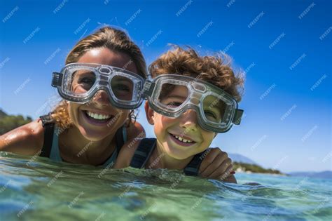 Madre E Hijo En La Playa Con Gafas De Buceo Foto Premium