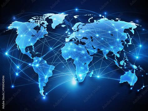 Glowing Blue Lines And Dots Illuminate A Darkened World Map Symbolizing Global Connections
