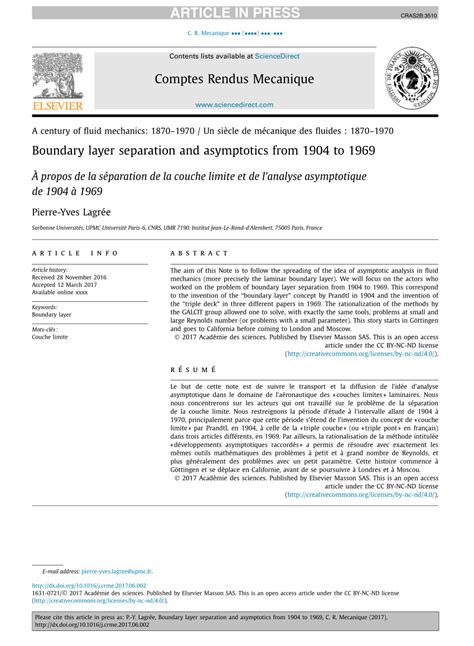 Pdf Boundary Layer Separation And Asymptotics From 1904 To 1969
