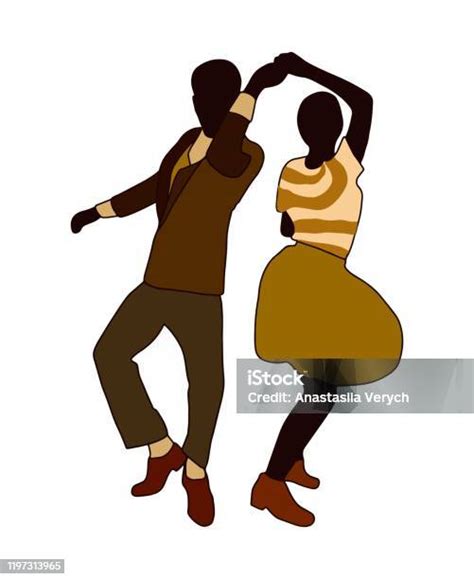 스윙 재즈 파티 시간 만화 스타일의 흰색에 고립 된 춤 커플 40 대 또는 50 대 스타일의 사람들 스윙 재즈 린디 홉 또는
