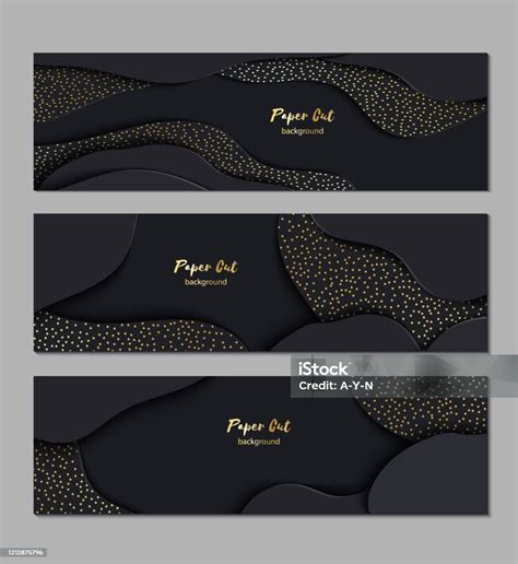 3 개의 검은 종이 세트는 3d 배너를 잘라냅니다 황금 반짝임 추상 사실적인 종이 컷 물결 모양의 레이어 수평 전단지 레이아웃 템플릿의 벡터 그림입니다 어두운 배경 소재