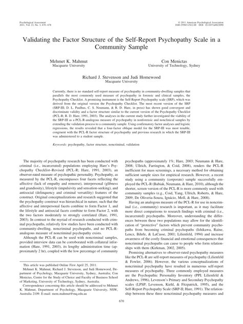 Pdf Validating The Factor Structure Of The Self Report Psychopathy Scale In A Community Sample