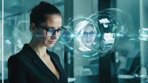 A Young Woman In A Sleek Futuristic Office Interacts With A