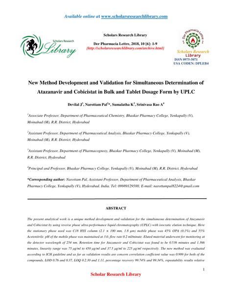 Pdf New Method Development And Validation For Simultaneous Determination Of Atazanavir And