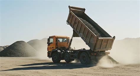Dump Truck Unloading Aggregate Material On Construction Site During