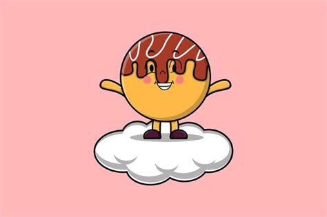 구름 벡터 일러스트 레이 션에 귀여운 만화 타코야끼 캐릭터 서 프리미엄 벡터