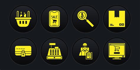 자물쇠 금전 등록기 기계 배달원 골판지 상자 돋보기와 달러 휴대 전화 쇼핑 카트 쇼핑 컴퓨터 및 바구니 음식 아이콘과 신용 카드 설정 벡터 검색에 대한 스톡 벡터 아트 및