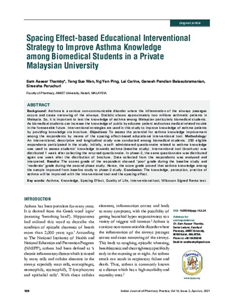 Pdf Spacing Effect Based Educational Interventional Strategy To Improve Asthma Knowledge Among