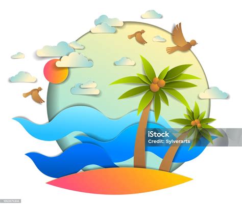 아름 다운 바다 바다 파도와 해변 야자수 구름과 하늘 종이 베인 해변 여름 비치 휴가 테마 스타일에서 벡터 일러스트 레이 션에에서 태양 조류 3차원 형태에 대한 스톡 벡터