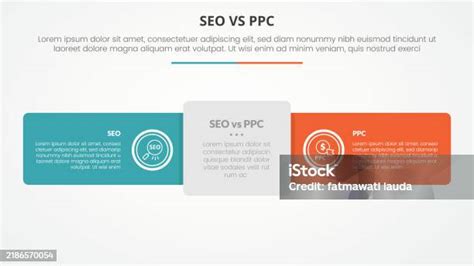 Seo 대 Ppc 광고 비교 원형 사각형 평면 스타일의 수평선이있는 슬라이드 프리젠 테이션을위한 인포 그래픽 개념 0명에 대한