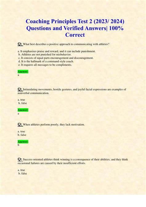 Coaching Principles Test 2 2023 2024 Questions And Verified Answers