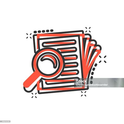 만화 스타일에서 감시 문서 계획 아이콘입니다 문 벡터 만화 그림 그림을 검토 합니다 돋보기 루 페 비즈니스 개념 플래쉬 효과와 문서 거래 내역서에 대한 스톡 벡터 아트 및