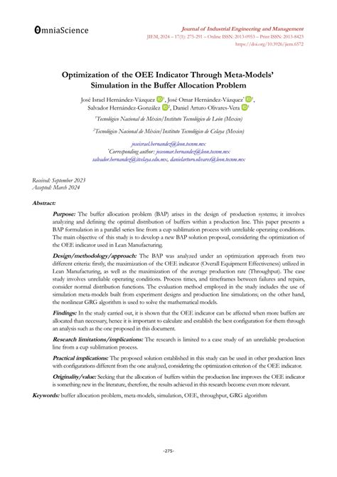pdf optimization of the oee indicator through meta models simulation in the buffer allocation