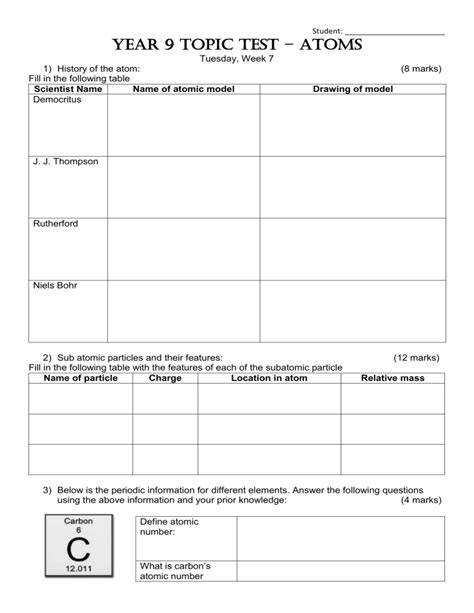 Year 9 Atoms Topic Test History Structure And Bonding