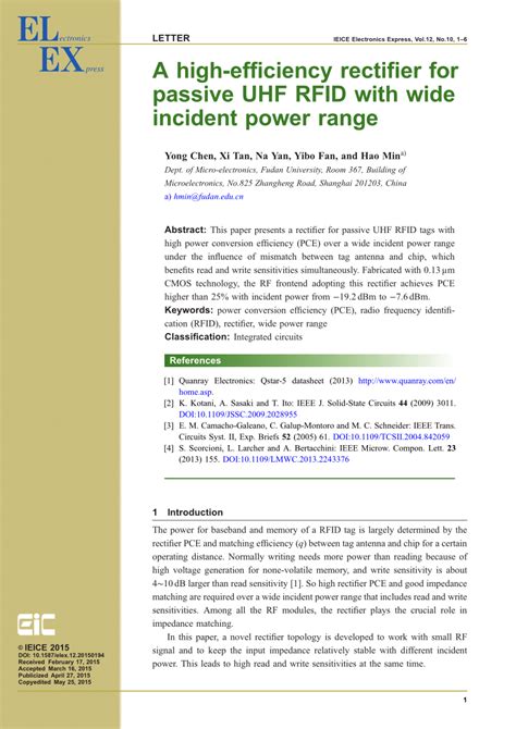 Pdf A High Efficiency Rectifier For Passive Uhf Rfid With Wide Incident Power Range