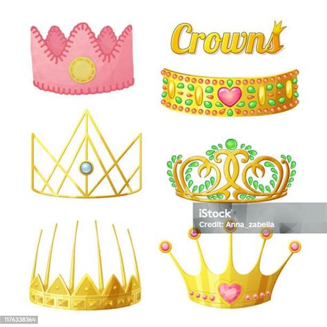 흰색 배경에 고립 된 화려한 보석 황금 왕관 공주를위한 황금 여성 티아라 벡터 아이콘 컬렉션 개인 장식품에 대한 스톡 벡터 아트